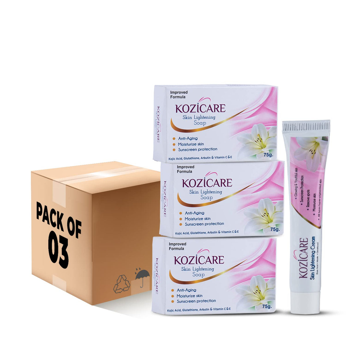 Kozicare Skin Lightening Facial Kit | 3 Soap + 1 Cream Pack | For